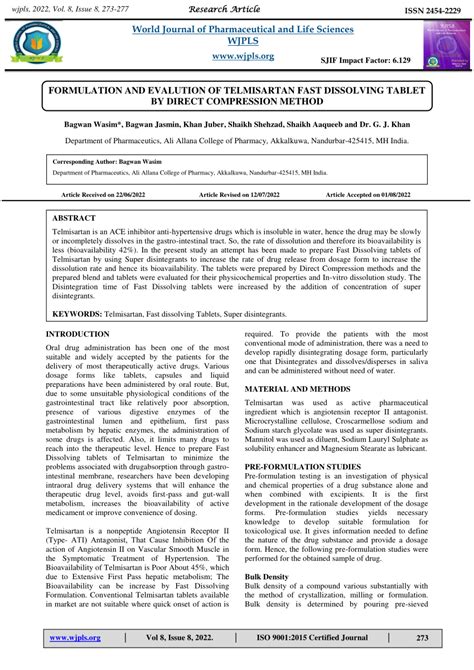 Pdf Formulation And Evalution Of Telmisartan Fast Dissolving Tablet By Direct Compression Method