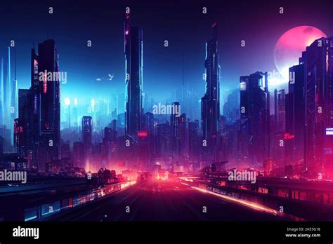 Cyberpunk Futuristic City Panorama Future Fiction With Neon Signs And Lights Cyberpunk City