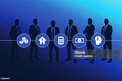 5개의 재무 아이콘이 있는 그라데이션 블루 배경에 있는 6명의 사업가 유언에 대한 스톡 벡터 아트 및 기타 이미지 유언 경영자 경제 Istock