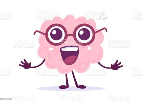 흰색 배경에 열린 입 미소와 안경에 해피 핑크 인간의 뇌 캐릭터의 벡터 창조적 인 그림 행복한 두뇌의 플랫 낙서 스타일 지식 개념 디자인 교육에 대한 스톡 벡터 아트 및