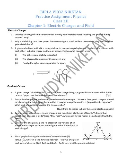 Ch1 Physics Practice Assignment Electric Charges And Field Pdf