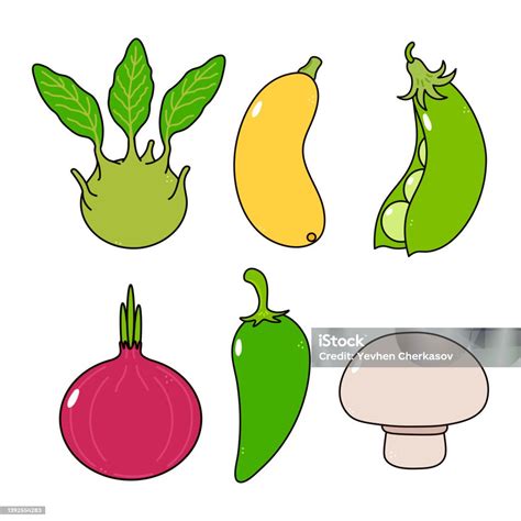 재미 귀여운 행복한 야채 캐릭터 번들 세트 벡터 손으로 그린 만화 카와이 캐릭터 일러스트 레이 션 아이콘 귀여운 야채 골수 후추 완두콩 버섯 붉은 양파 브뤼셀 콩나물 0명에