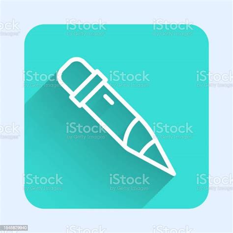 흰색 선 긴 그림자로 분리된 지우개 아이콘이 있는 연필 그림 및 교육 도구 학교 사무실 기호입니다 녹색 사각형 버튼입니다 벡터