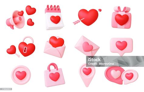 3d 사랑 아이콘입니다 소셜 미디어는 하트가 있는 다양한 상징입니다 메시지 확성기 및 말풍선 발렌타인 데이 결혼식 낭만적 인 Pithy 벡터 세트 밸런타인데이에 대한 스톡