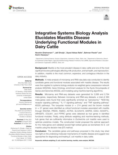 Pdf Integrative Systems Biology Analysis Elucidates Mastitis Disease Underlying Functional