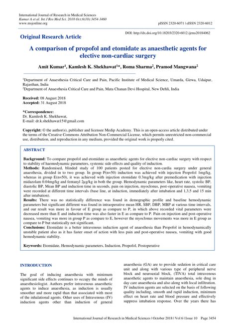 Pdf A Comparison Of Propofol And Etomidate As Anaesthetic Agents For Elective Non Cardiac Surgery