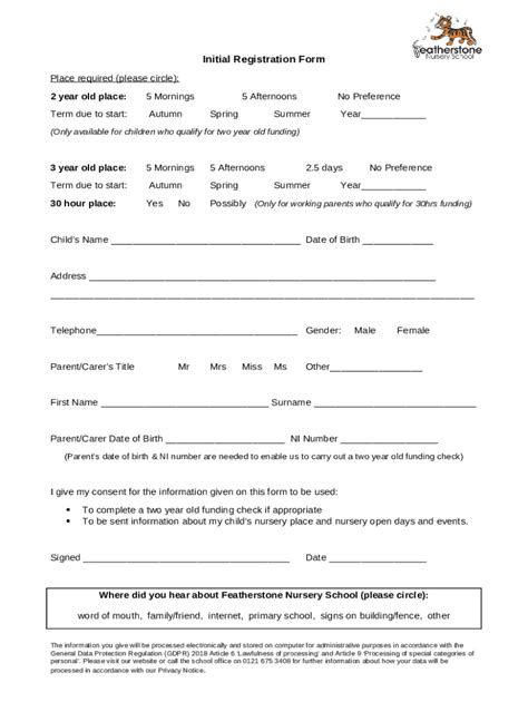 Registration Featherstone Nursery School Doc Template Pdffiller