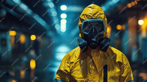 A Man In A Chemical Contamination Zone A Scientist In A Protective Suit Working In A Biological