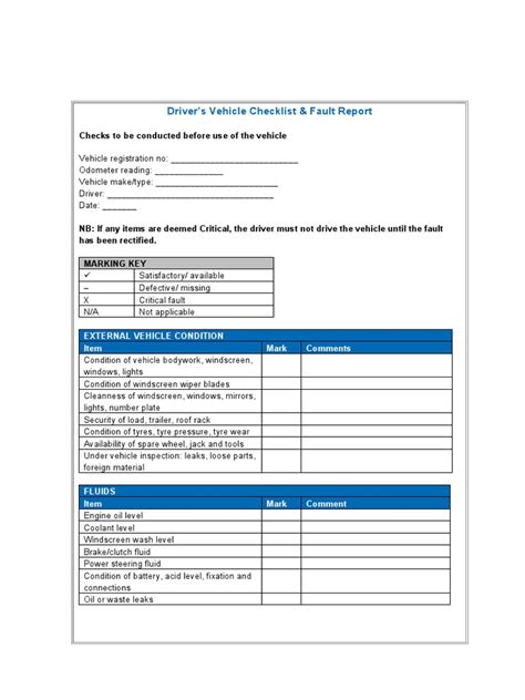 Vehicle Checklist And Fault Reporting Form Pdf