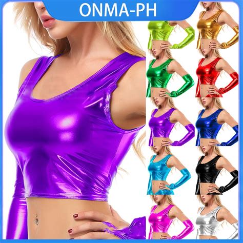 Onma Women Shiny Wetlook Tank Tops Crop Top Vest Dance Club Lingerie