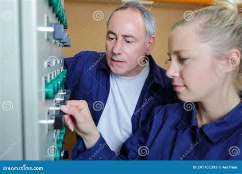 Portrait Female Operative Operating Machine In Factory Stock Image Image Of Smiling