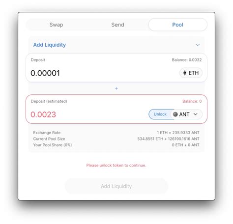 Add Liquidity Warning Messages Of Insufficient Balance And Please Unlock Token To Continue