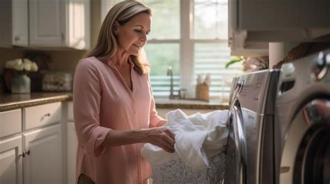 Premium Ai Image A Mom Folding Laundry In A Welllit Laundry Room