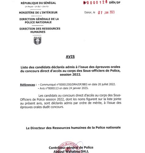 Concours Sous Officiers de Police 2022 Résultats définitifs