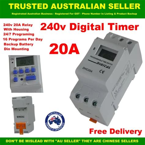 240v Digital Timer Timers Switch Relay Lcd 16 Programs Din Mount 20a Ac