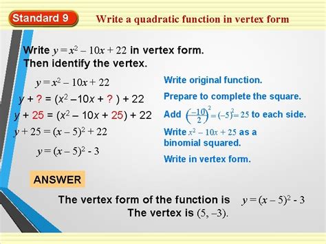 writing quadratic equations in vertex form by completing the square