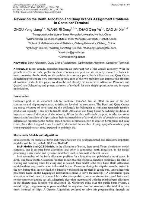 Review On The Berth Allocation And Quay Cranes Assignment Problems In