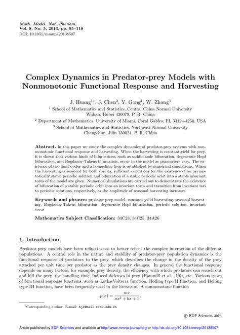 Pdf Complex Dynamics In Predator Prey Models With Nonmonotonic Functional Response And Harvesting