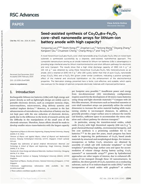 pdf seed assisted synthesis of co3o4 α fe2o3 core shell nanoneedle