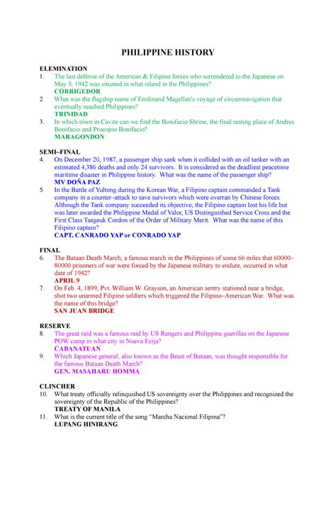 Philippine History Quiz Bee Test Items Philippine His