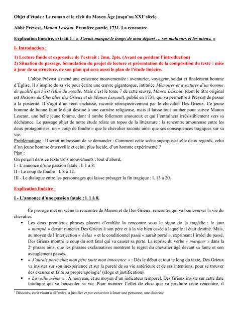 Manon Lescaut extrait 1 étude linéaire Explication linéaire extrait 1
