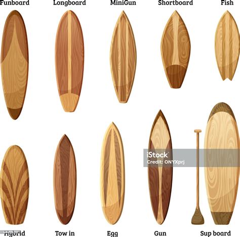 다양 한 크기와 디자인 나무 서핑 보드의 흰색 배경에서 분리 벡터 일러스트 레이 션 서핑보드에 대한 스톡 벡터 아트 및 기타 이미지 서핑보드 목재 재료 컷아웃