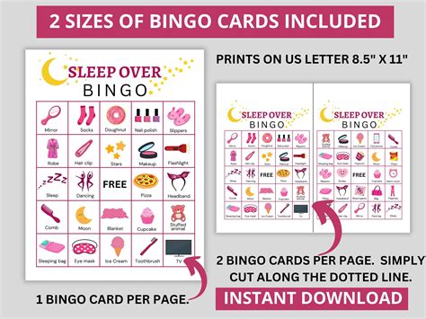 Sleepover Bingo Game Slumber Party Bingo Game Sleepover Birthday