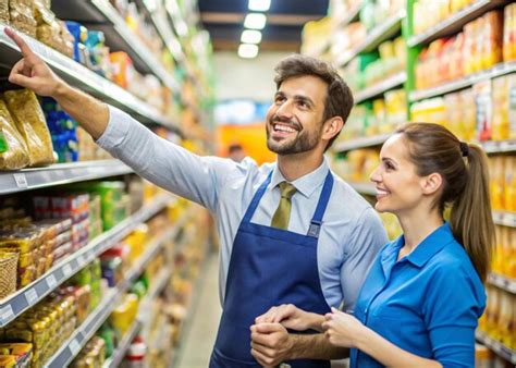 Supermarket Worker Assisting Customers With A Smile Premium Ai