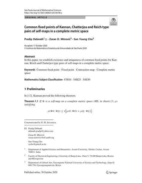 Pdf Common Fixed Points Of Kannan Chatterjea And Reich Type Pairs Of Self Maps In A Complete