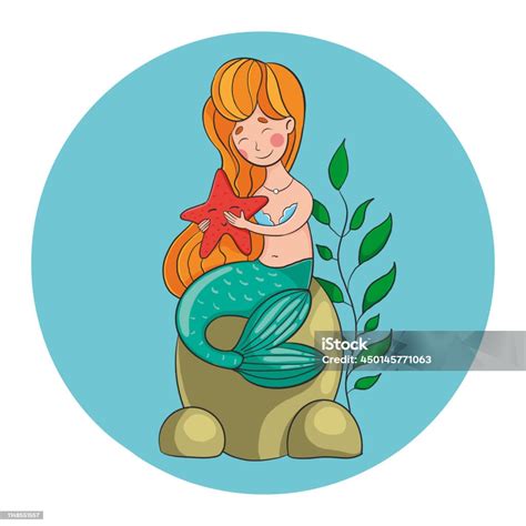 젊은 아름 다운 작은 인 어는 돌에 앉아 인 어는 불가사리를 들고 벡터 일러스트 0명에 대한 스톡 벡터 아트 및 기타 이미지