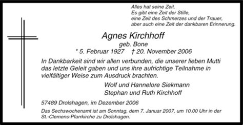 Traueranzeigen Von Agnes Kirchhoff Trauer In NRW De