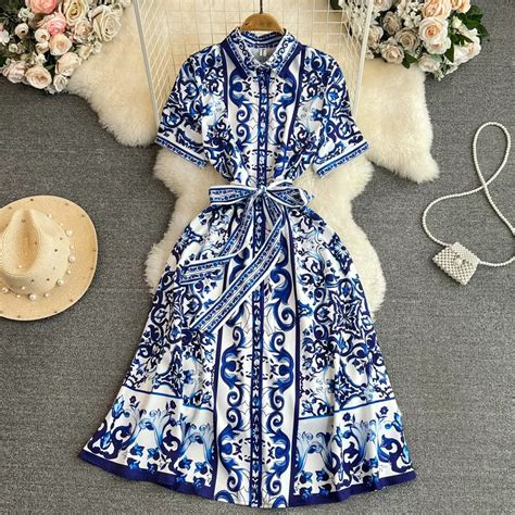 Elegant Celadon Print Shirt Dress Summer Retro Style Slimming