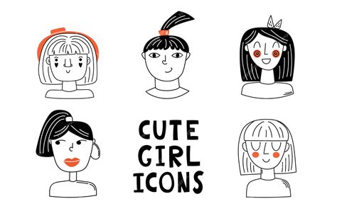 Симпатичные мультяшные лица симпатичные девушки иконки Doodle Set