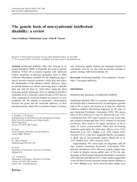 Pdf The Genetic Basis Of Non Syndromic Intellectual Disability A Review