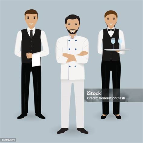 Koki Koki Memasak Dan Dua Pelayan Berseragam Berdiri Bersama Karakter