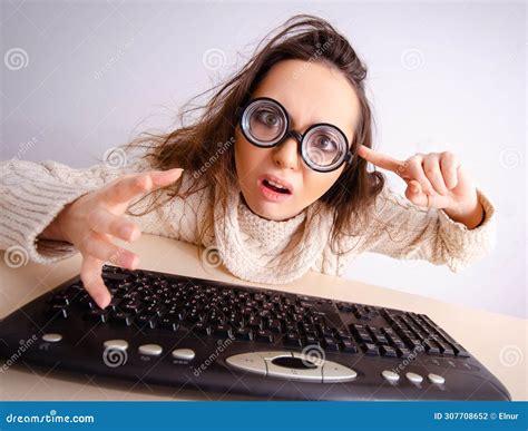 Funny Nerd Girl Working On Computer Stock Photo Image Of Crazy Addicted 307708652