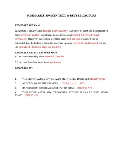 Summarize Spoken Text And Retell Lecture Template Pdf