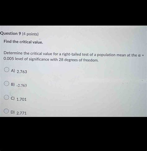 Question 9 4 Points Find The Critical Value Determine The Critical Val