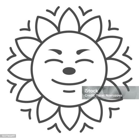 웃는 얼굴과 얇은 선 아이콘 날씨와 기후 개념 흰색 배경에 햇빛 미소 벡터 기호 모바일 개념 및 웹 디자인을위한 윤곽 스타일 아이콘과 태양 벡터 그래픽 10에 대한 스톡