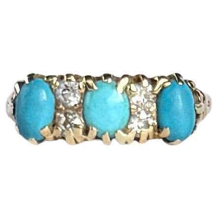 Vintage 18k Yellow Gold Turquoise And Diamond Ring For Sale At 1stdibs