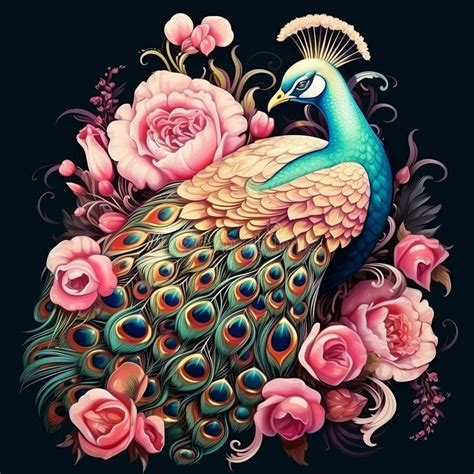 Illustration Of Peacock With Rose Flowers With Exquisite Details Stock Image Image Of Design