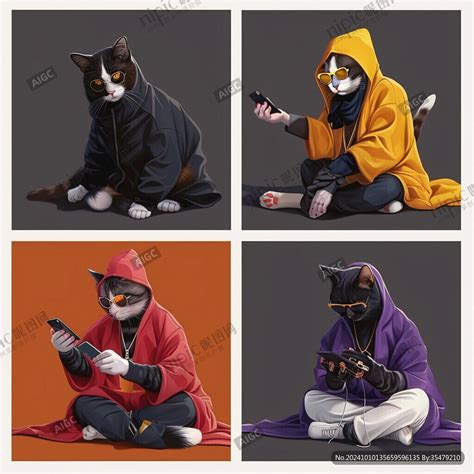 Ai创作图拟人化猫咪 猫咪拟人形象 猫咪披风 拟人猫人 3d卡通猫咪 猫穿人类衣服 猫戴兜帽衫 搞怪猫咪插画 戴兜帽衫的猫 宠物猫手机壳 原创
