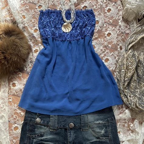 Beautiful 2000s Strapless Top With Lace Detailing Depop