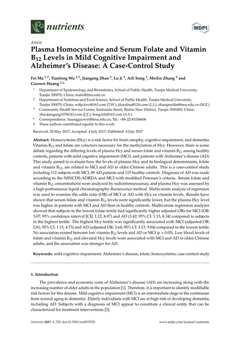 Pdf Plasma Homocysteine And Serum Folate And Vitamin B12 Levels In