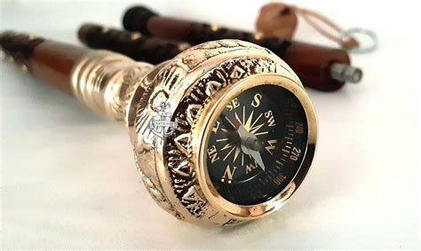 Am Nauticals Walking Stick Solid Brass Knob Compass Head Handle Wooden