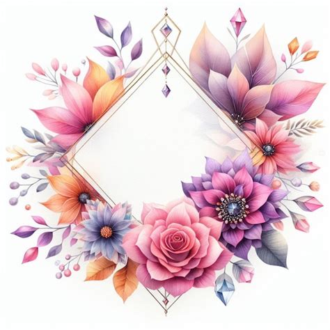 Premium Photo Watercolor Pink Purple Orange Flower And Daimond Frame