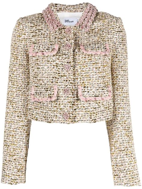 Self portrait Crystal Bead Embellished Metallic Bouclé Tweed Jacket In