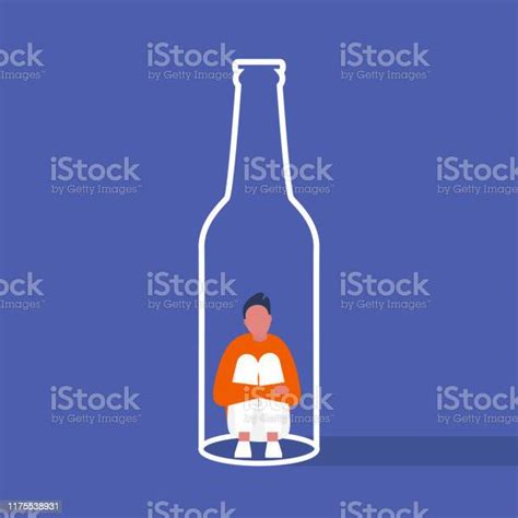 알코올 중독 병 안에 갇힌 젊은 남성 캐릭터 중독 술 플랫 편집 가능한 벡터 일러스트레이션 클립 아트 알코올 중독에 대한 스톡