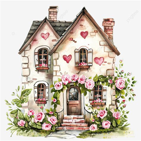 분홍색 장미와 하트가 있는 오래된 집의 수채화 수채화 페인트 등 오래된 집 Png 일러스트 및 이미지 에 대한 무료 다운로드 Pngtree