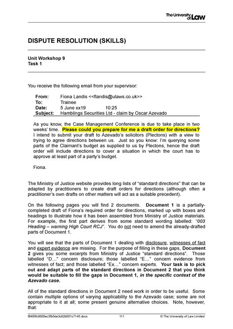 Dis Ws Ce Task DISPUTE RESOLUTION SKILLS Unit Workshop Task You Receive The
